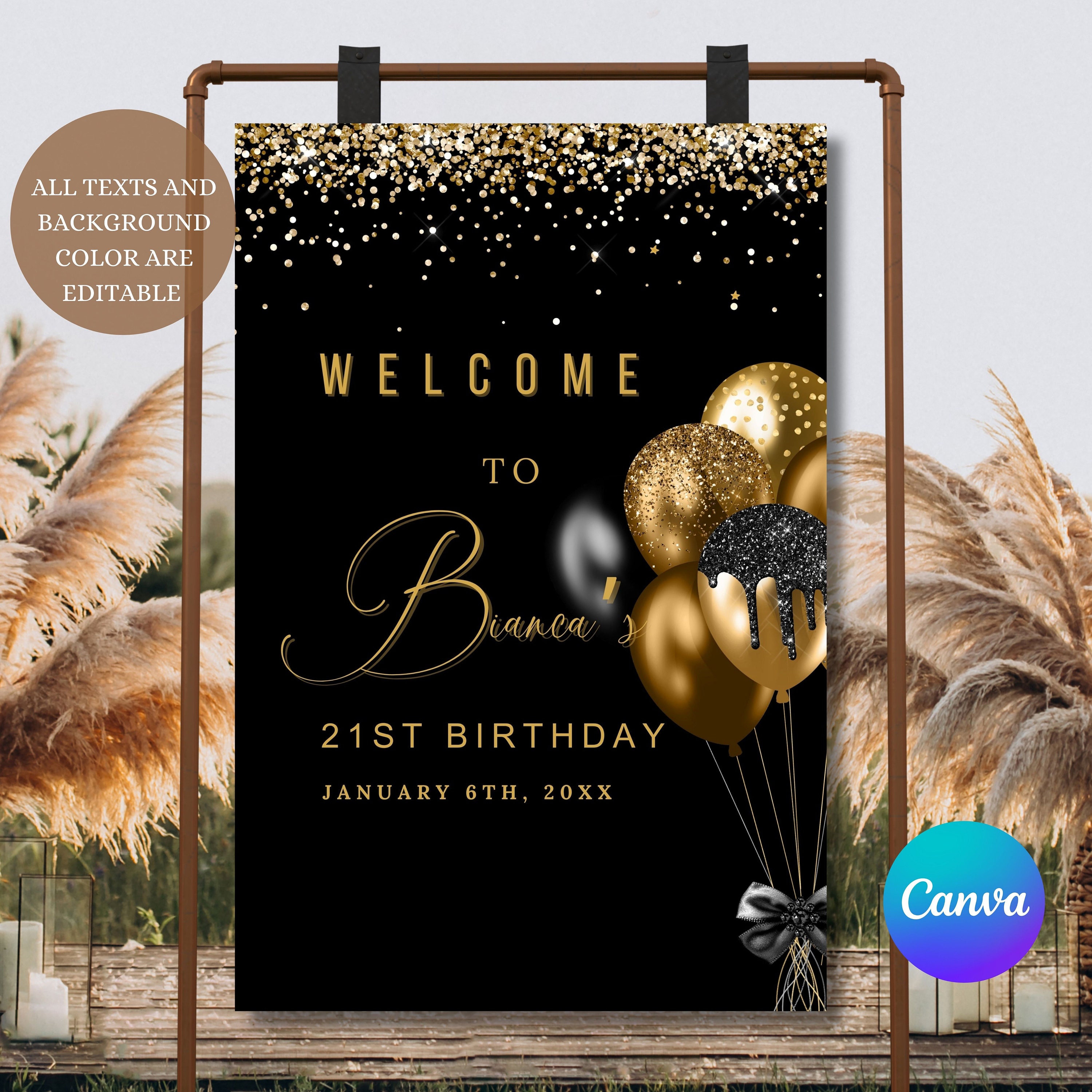 Editable Black Gold Welcome Sign Template PRINTABLE Birthday - Etsy