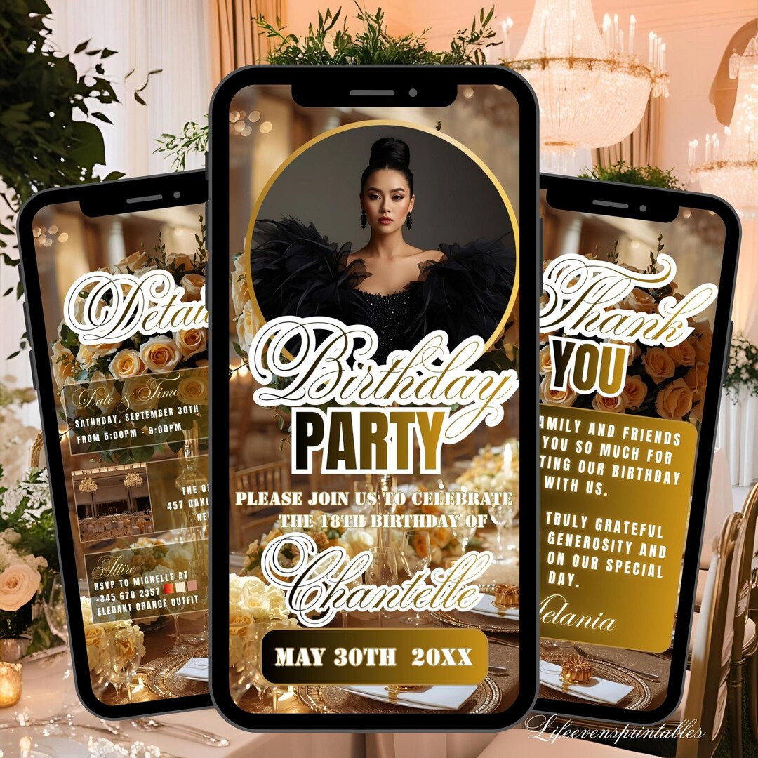 Digital Birthday Invitation Template Gold, Electronic Dinner Invite ...