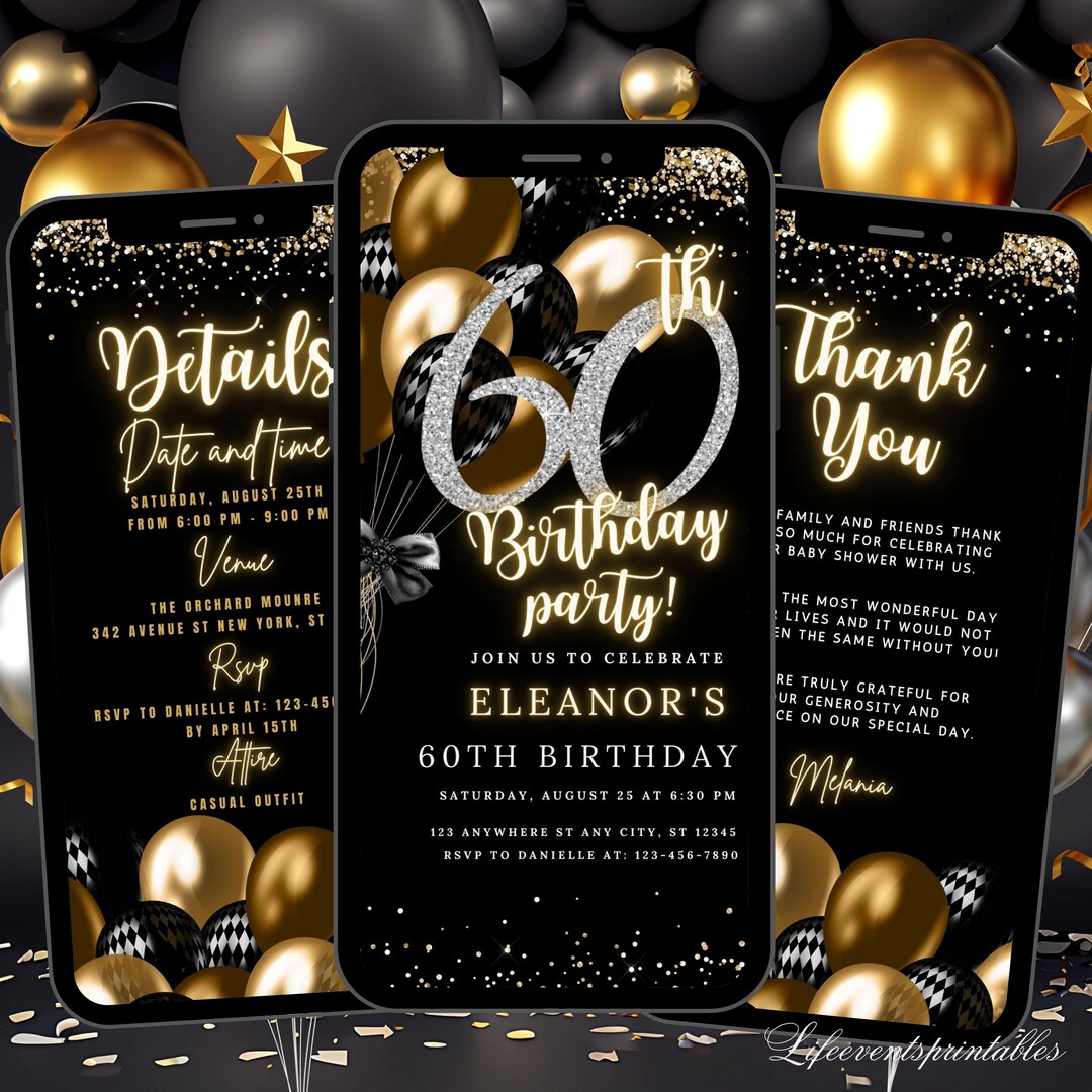 Digital 60th Birthday Invitation Template Black, Electronic 60th Party ...