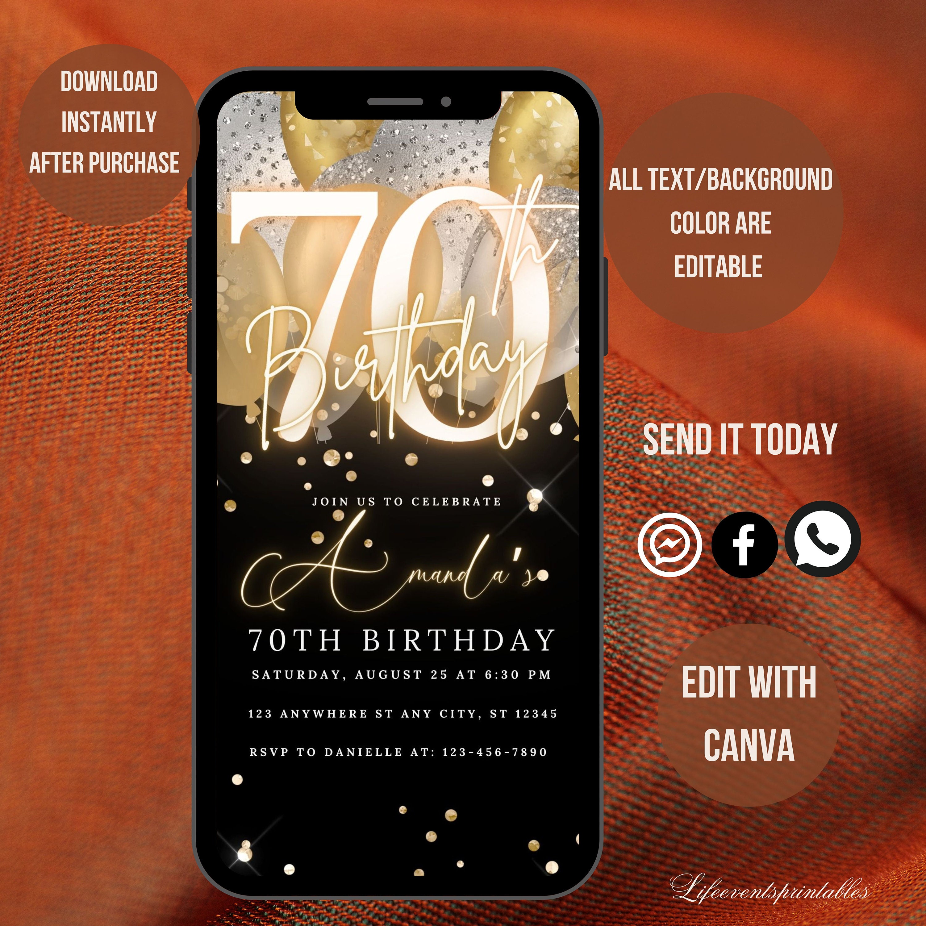 Digital Seventieth Birthday Invitation Template 70th Electronic ...