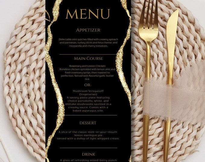 Editable Any Age Luxury Black Gold Birthday Dinner Menu, Editable Table ...