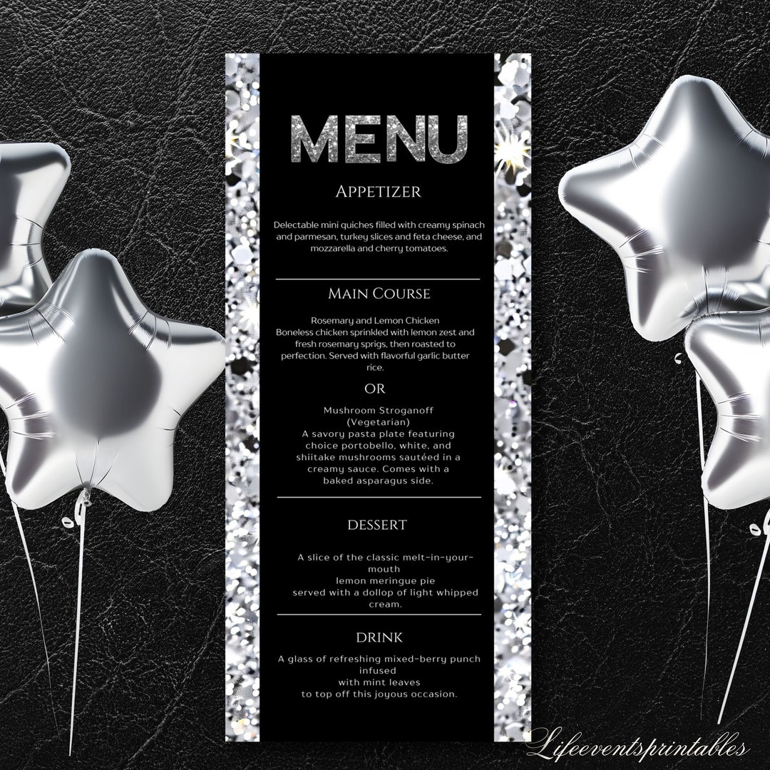 Black and Silver Menu Card Template, Editable Sparkle Menu Template ...