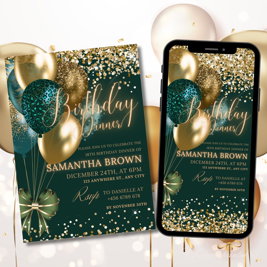 Digital Green Gold Birthday Party Invitation, Green Printable Editable ...