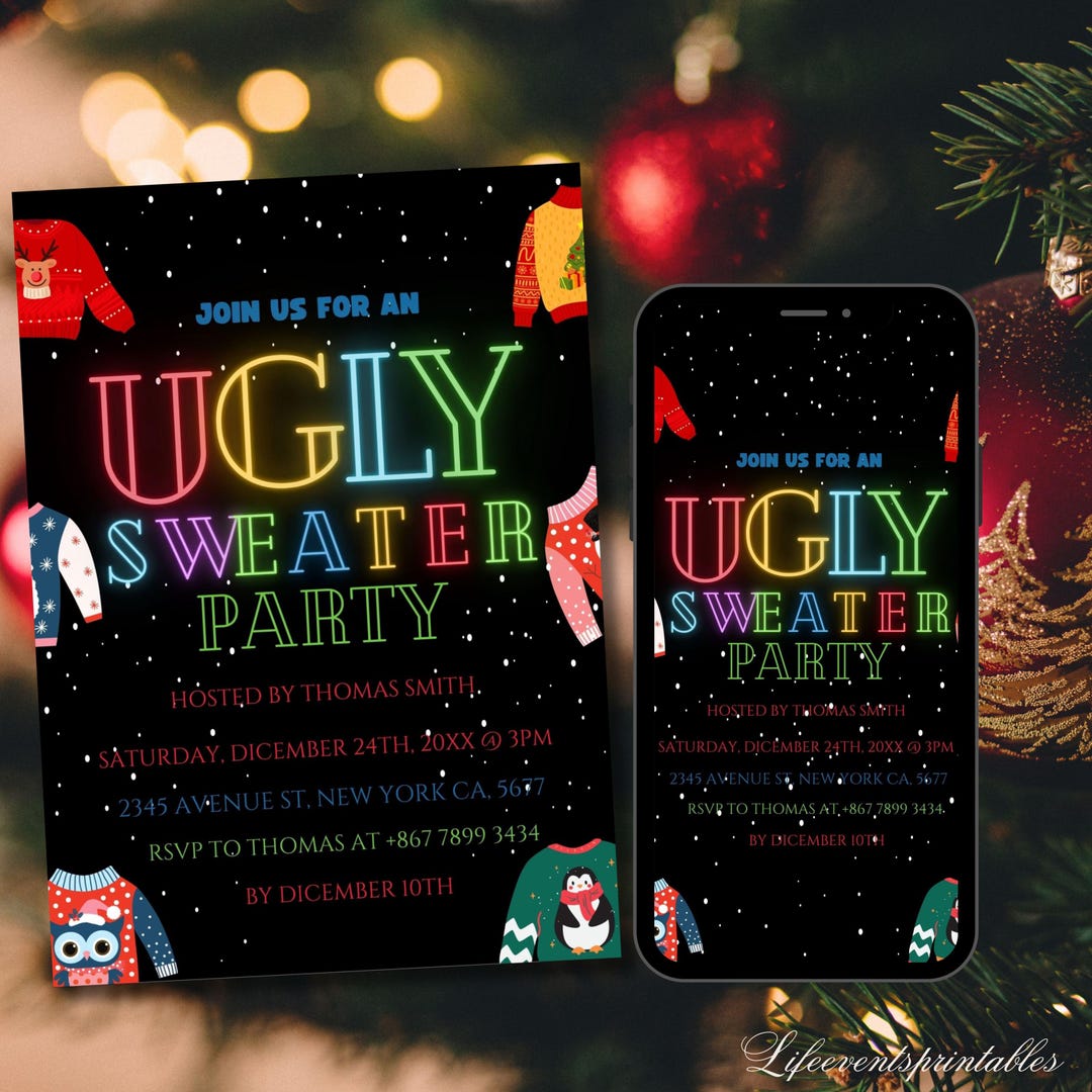 Editable Ugly Sweater Party Invitation Template | Ugly Sweater Holiday ...