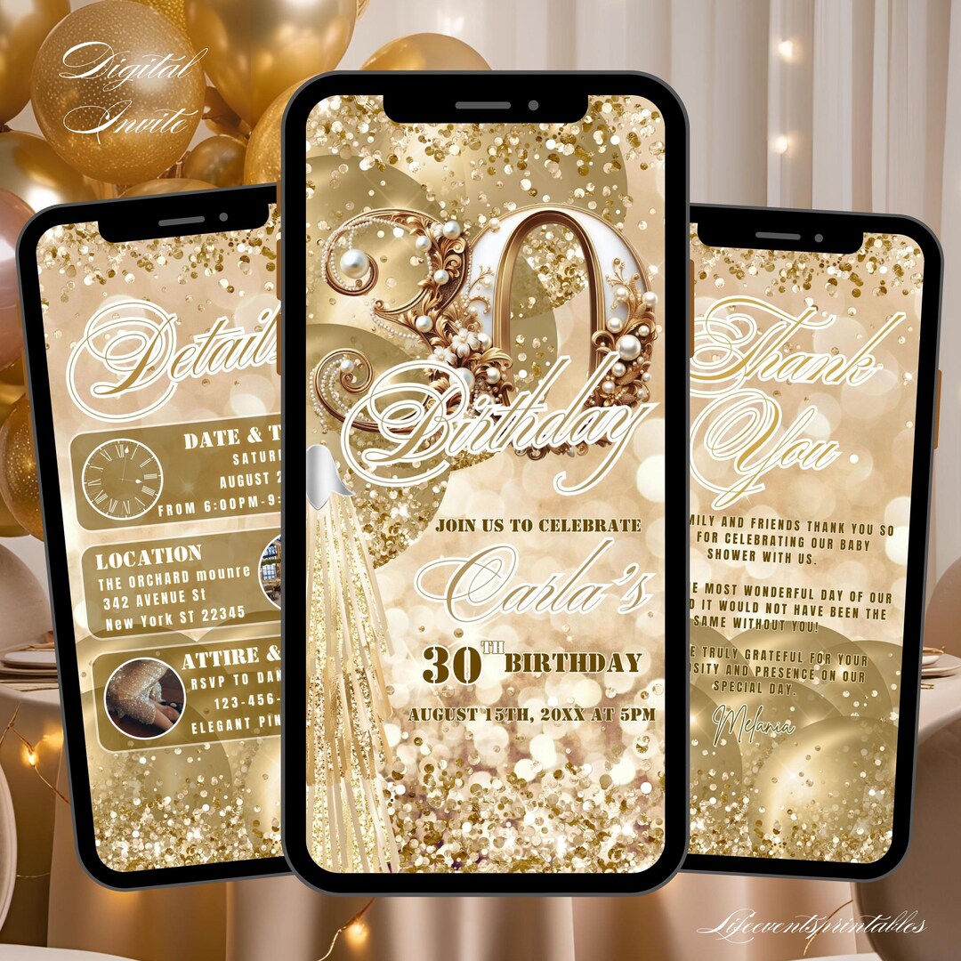 30TH Digital Birthday Invitation Template Gold, Thirtieth Dinner Party ...