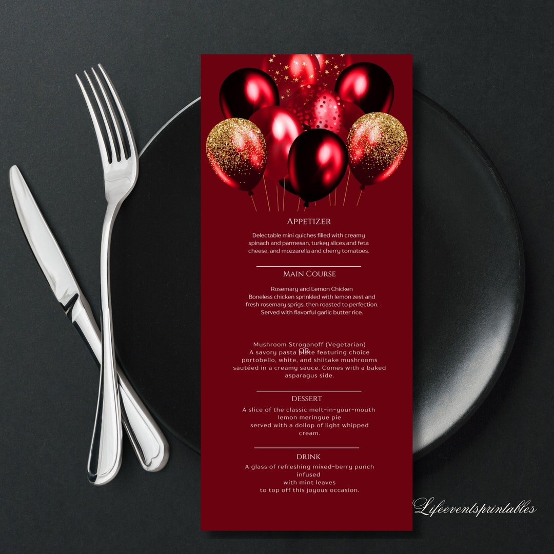 Printable Birthday Party Menu Template, Red Gold Printable Balloon Menu ...