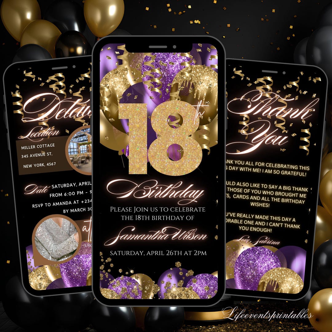 18th Birthday Party Invitation Template Gold, Purple Balloon Digital ...