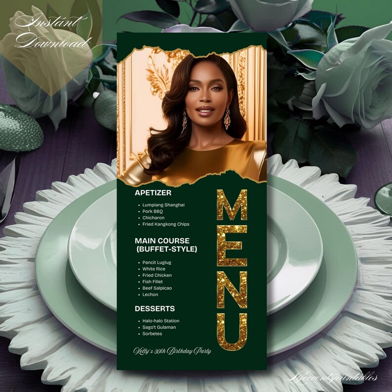 Editable Photo Birthday Menu Template Green Printable Birthday Dinner ...