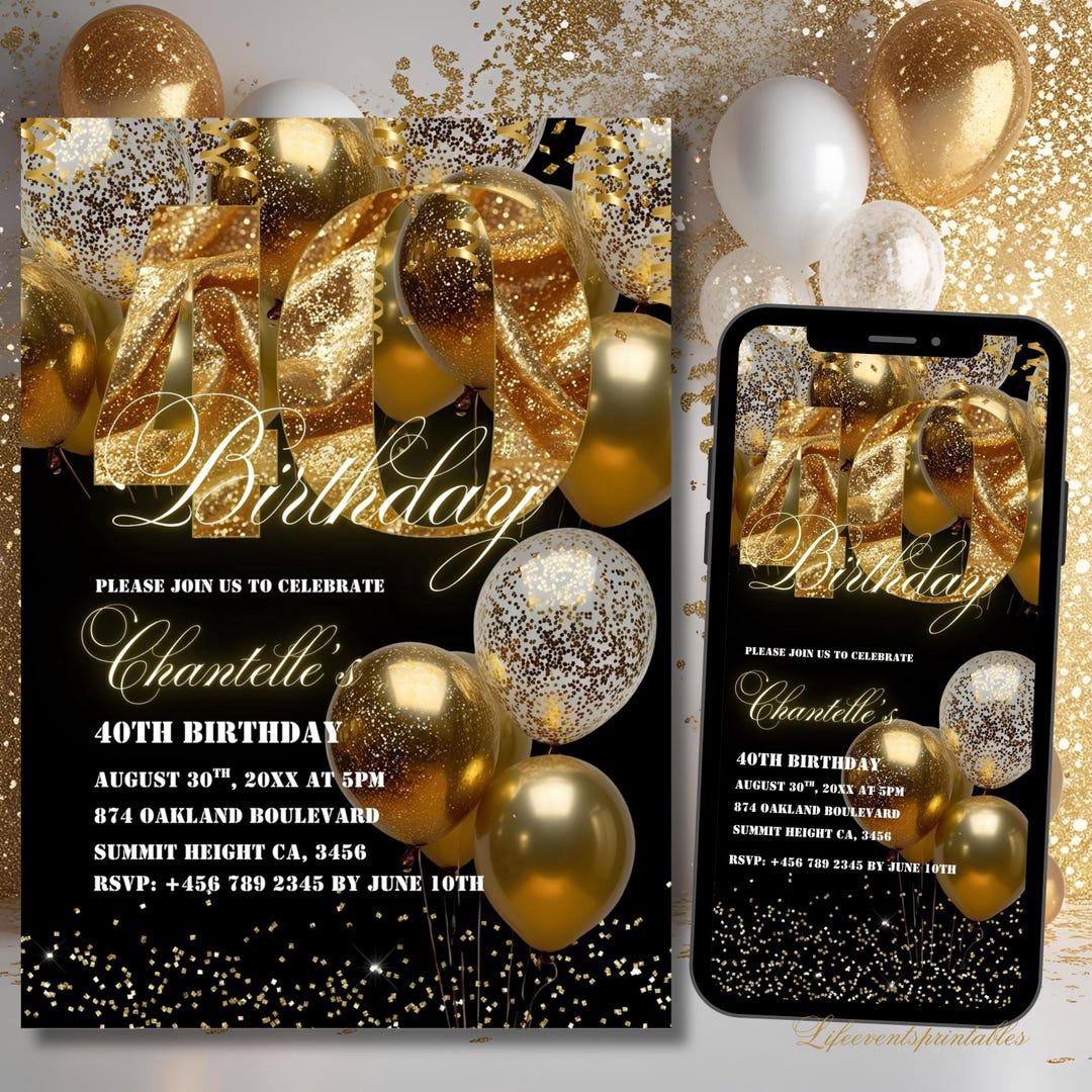 40th Birthday Invitation Digital, Printable Black and Gold Glitter ...