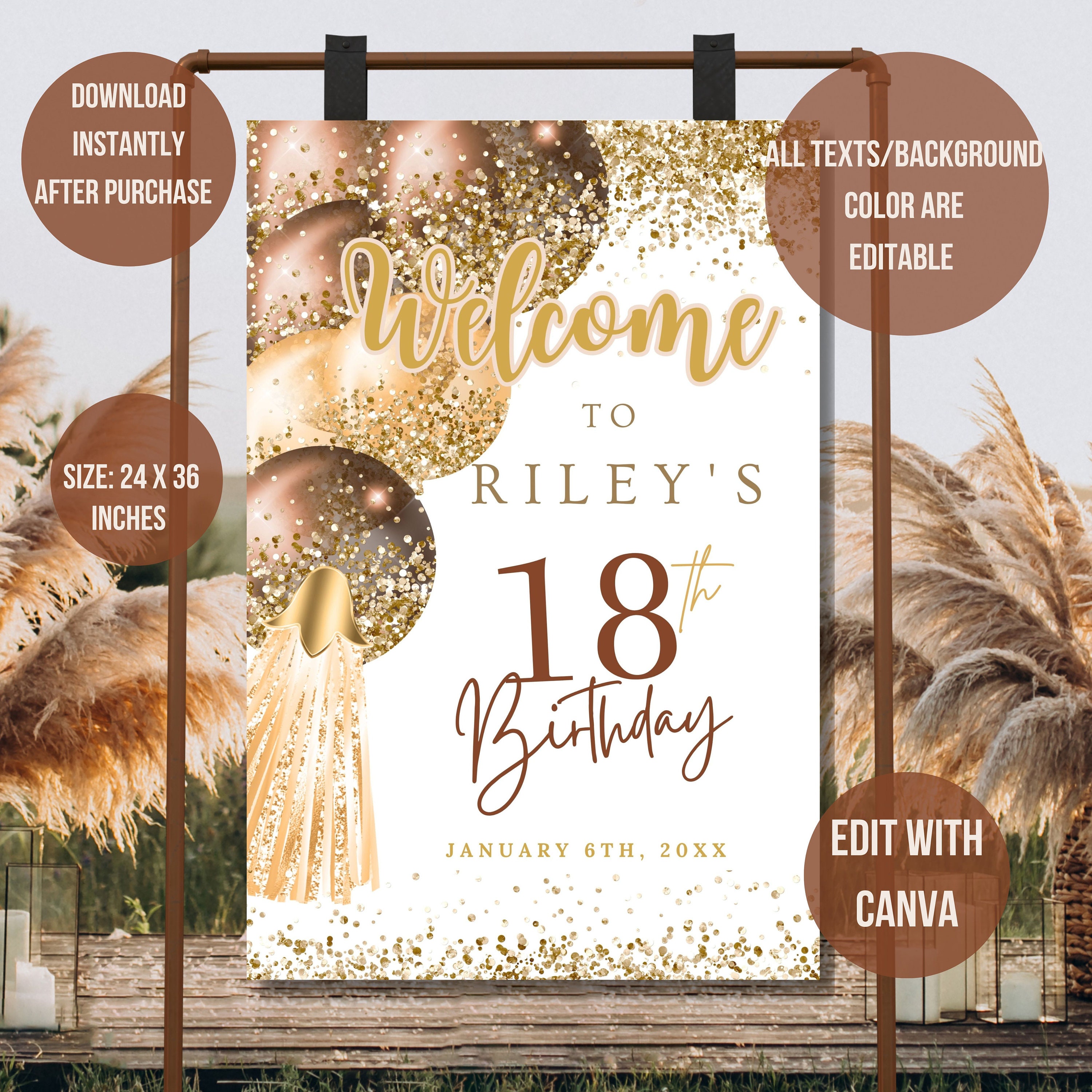 Editable Brown Birthday Party Welcome Sign Template, Glittery Balloon ...