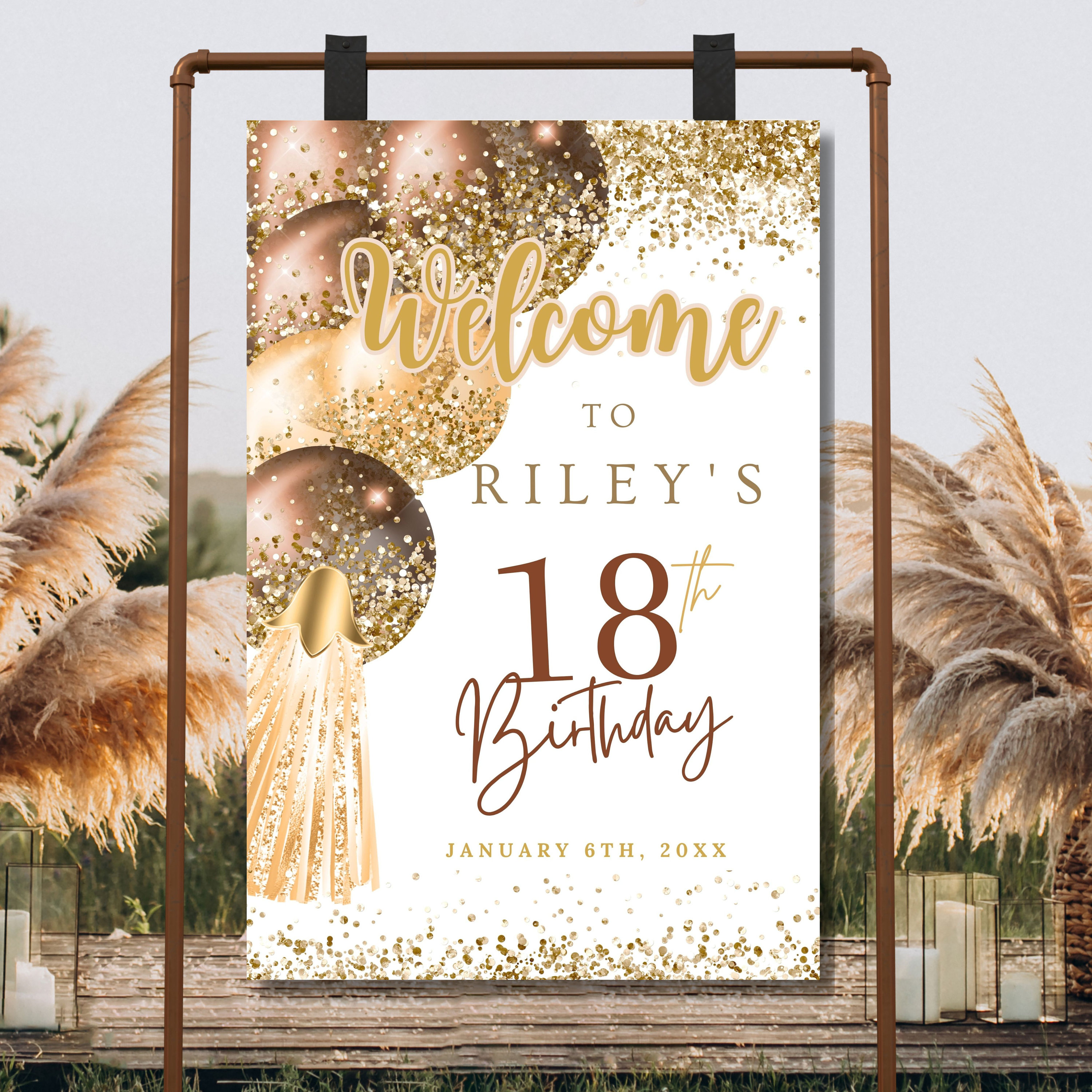 Editable Brown Birthday Party Welcome Sign Template, Glittery Balloon ...