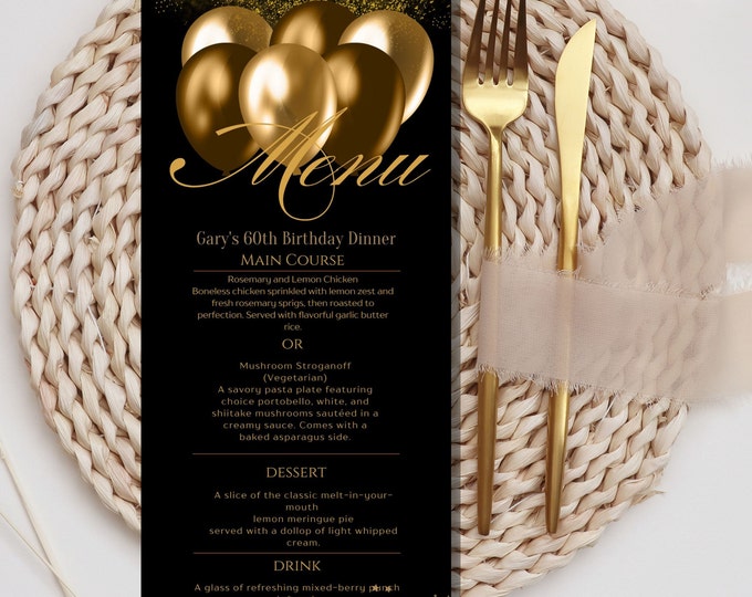Printable Birthday Party Menu Template, Black Gold Printable Agate Menu ...