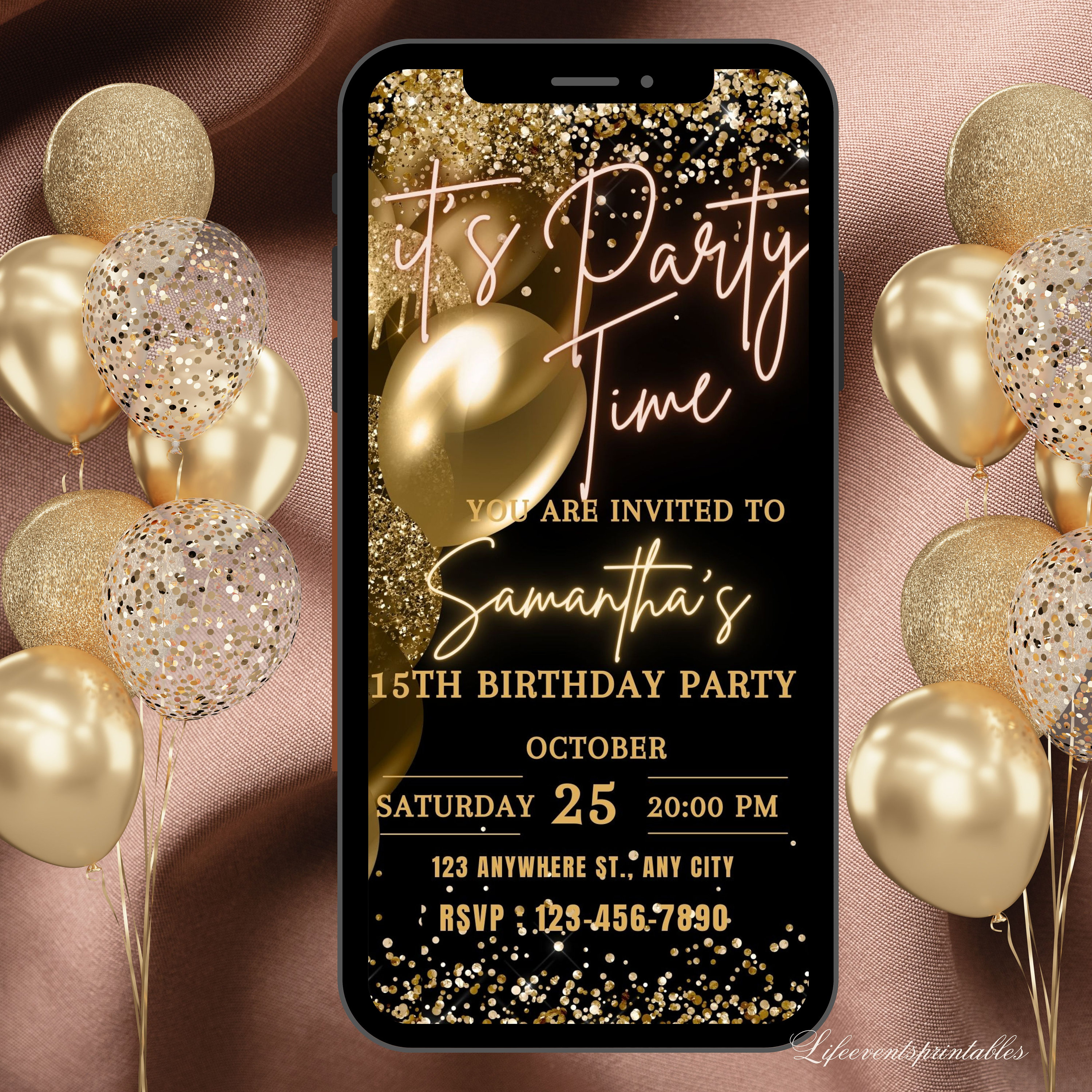 Digital Birthday Invitation Template, Electronic Birthday Invite Black ...