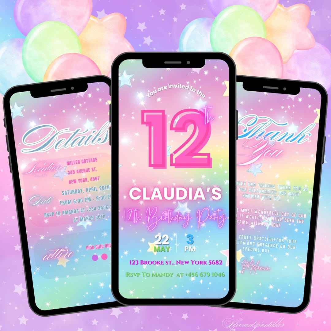 Digital 12th Birthday Invitation Template Animated, Pastel 12th Year ...