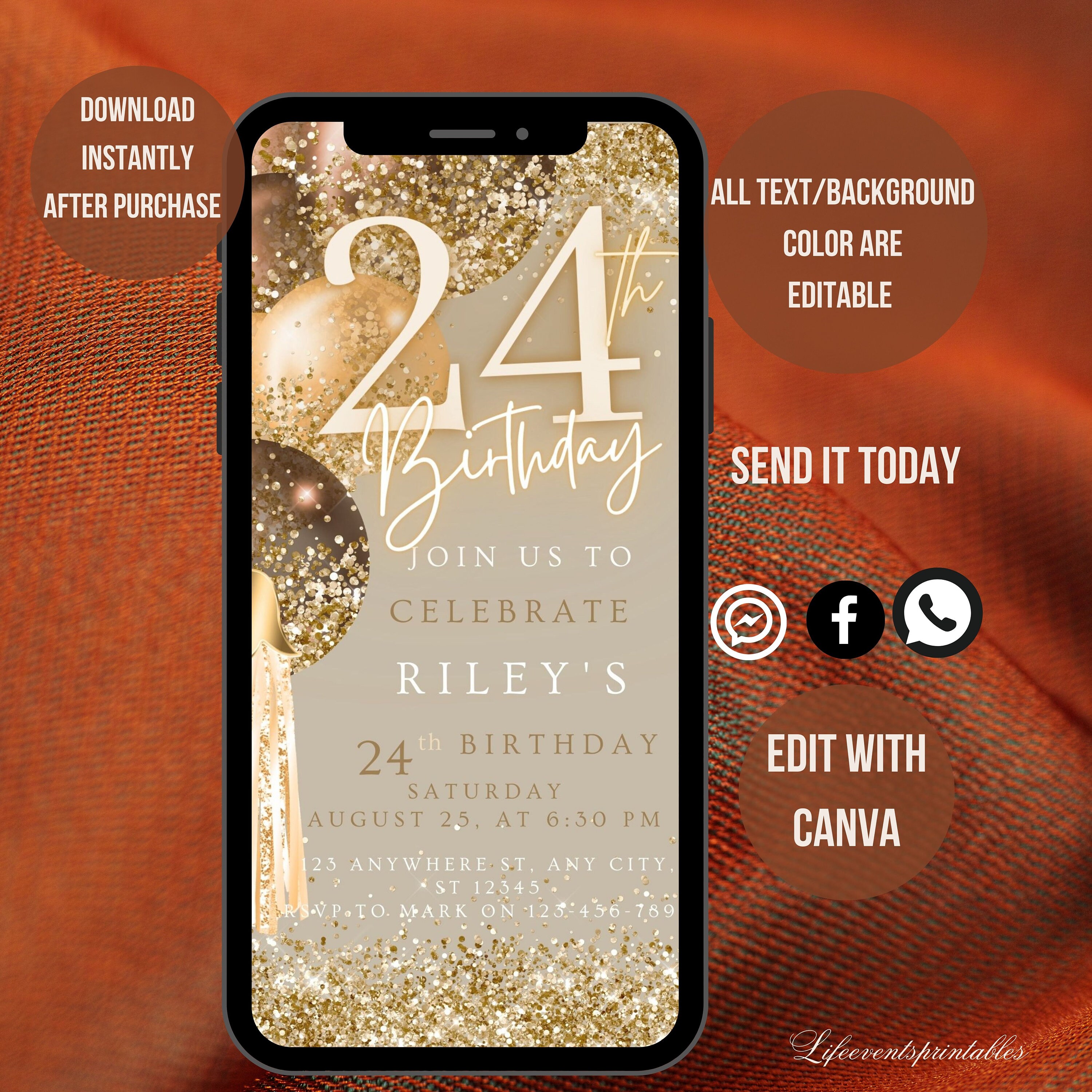 Twenty Fourth Birthday Invitation Template, 24thbirthday Invite, E-vite ...