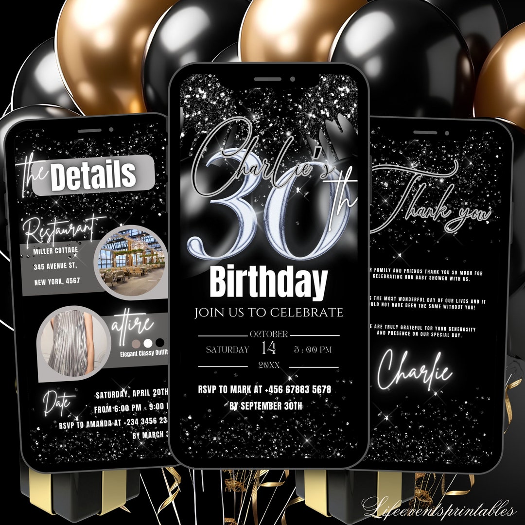 Plantilla de invitación de cumpleaños número 30 de plata negra animada ...