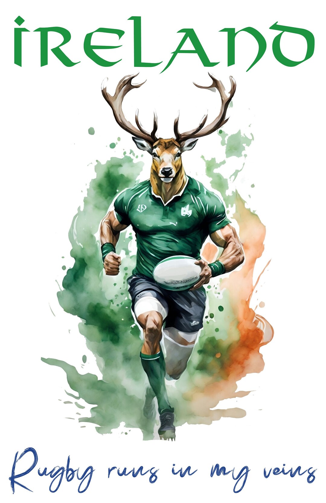 Ireland Rugby T-shirt, Cotton Designer Watercolour T Shirt, Irish Stag ...
