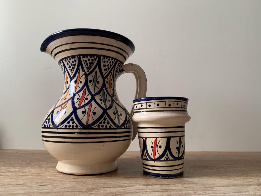 Handcrafted Moroccan Terracotta Jug and Cup Set - Authentic Pottery by ...