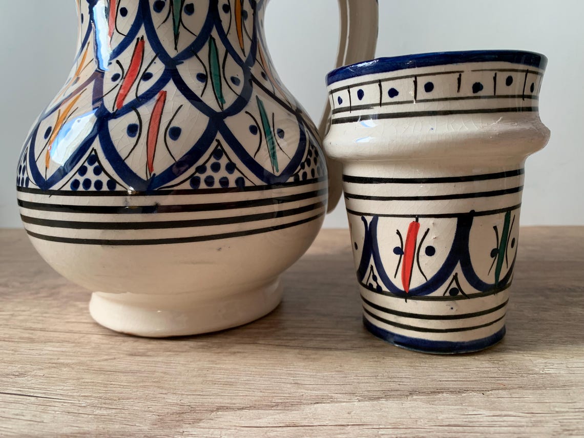 Handcrafted Moroccan Terracotta Jug and Cup Set - Authentic Pottery by ...
