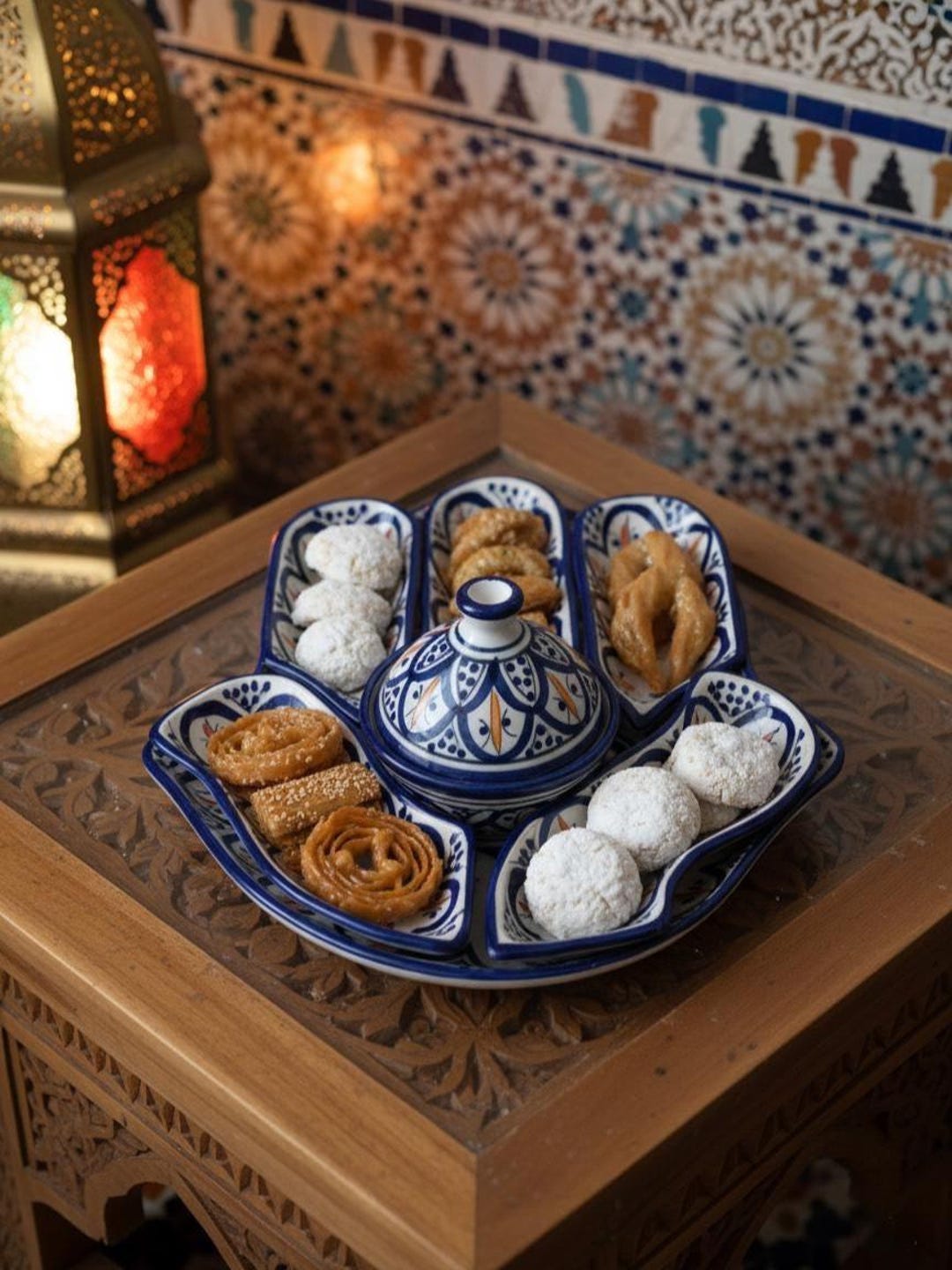 Hand-painted Moroccan Khmissa Ceramic Serving Set With Mini Tagine ...