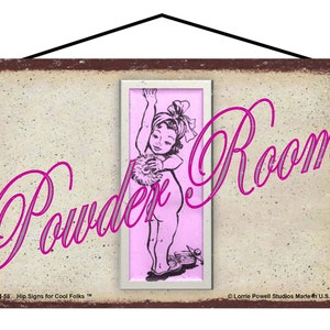 Powder Room Sign - Vintage Style Cute Girl Image - Hanging Bathroom ...