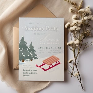 Sledding Birthday Party Invitation Template Winter Snow Kids - Etsy