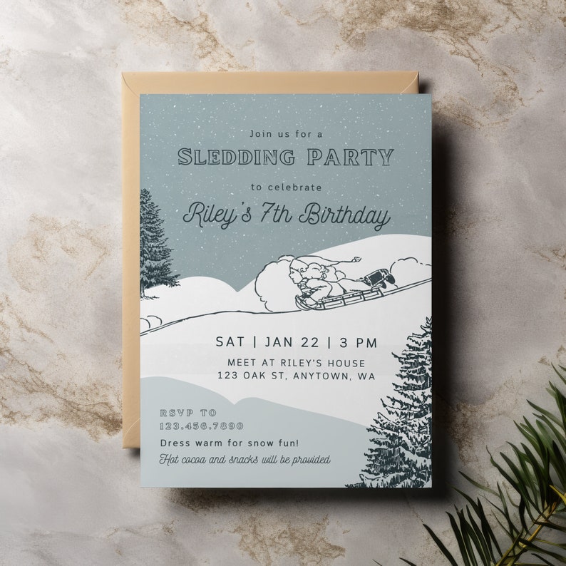 Sledding Birthday Party Invitation Template, Winter Snow Birthday ...