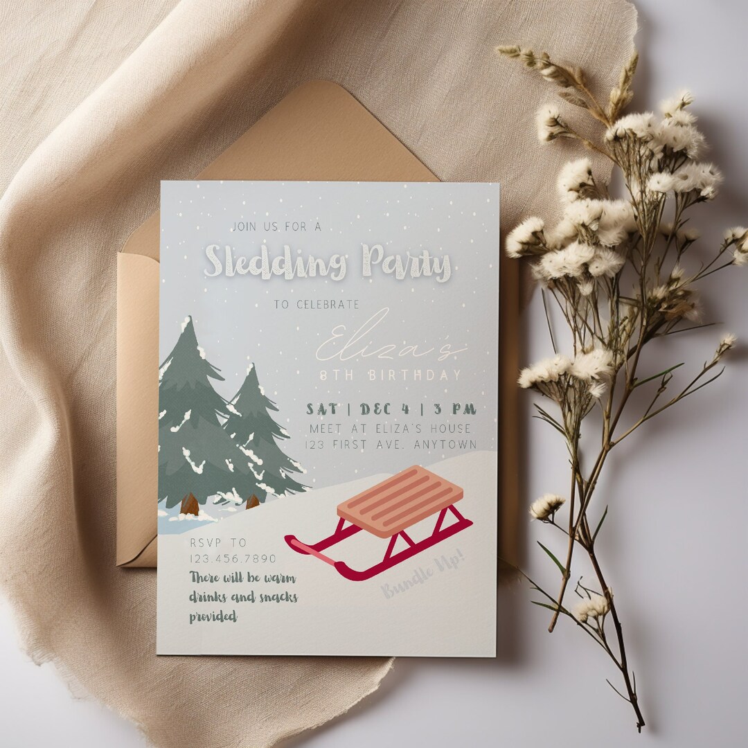 Sledding Birthday Party Invitation Template Winter Snow Kids - Etsy