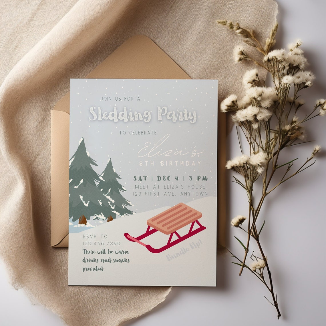 Sledding Birthday Party Invitation Template Winter Snow Kids - Etsy