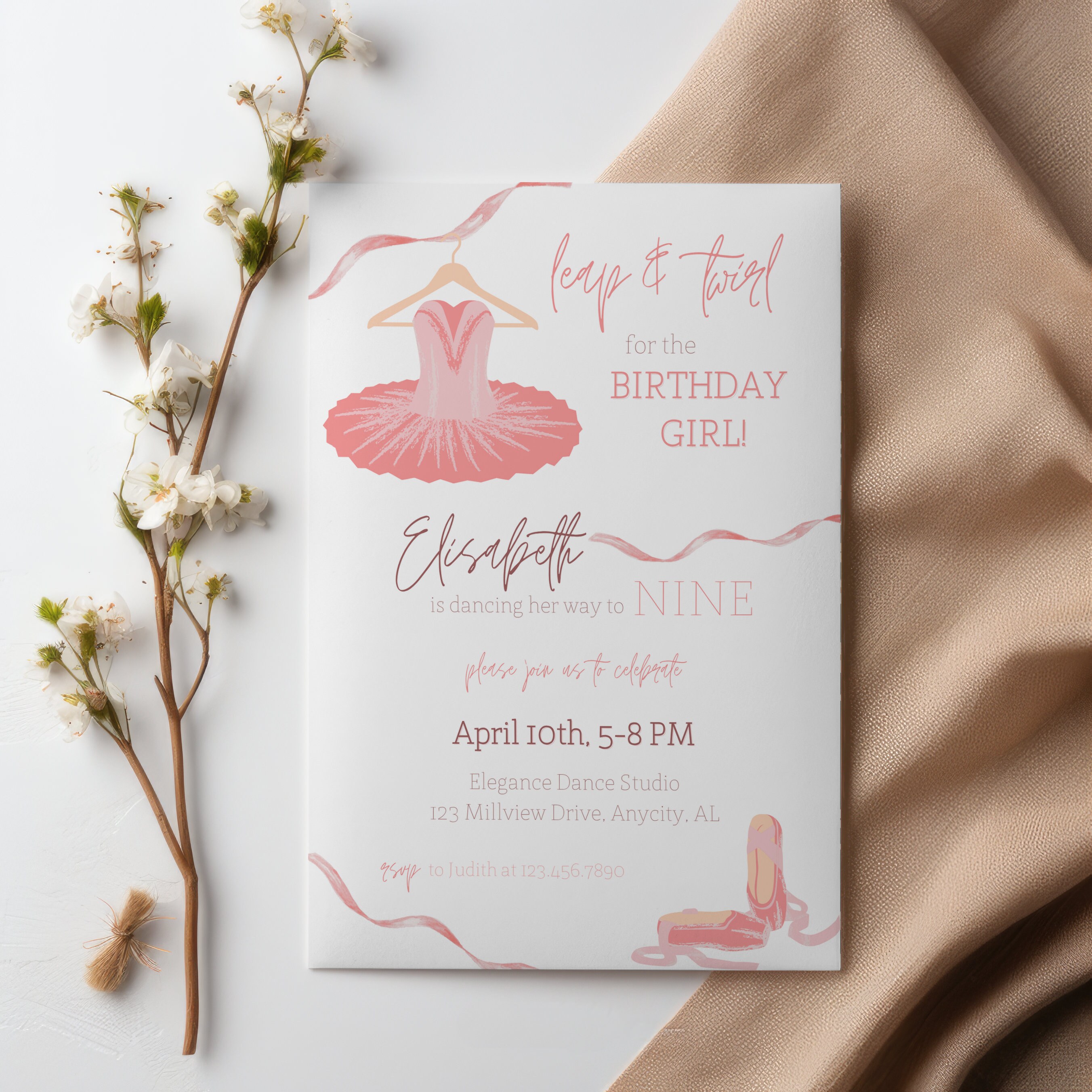 Ballerina Birthday Party Invitation Template Pink Ballet Leap & Twirl ...