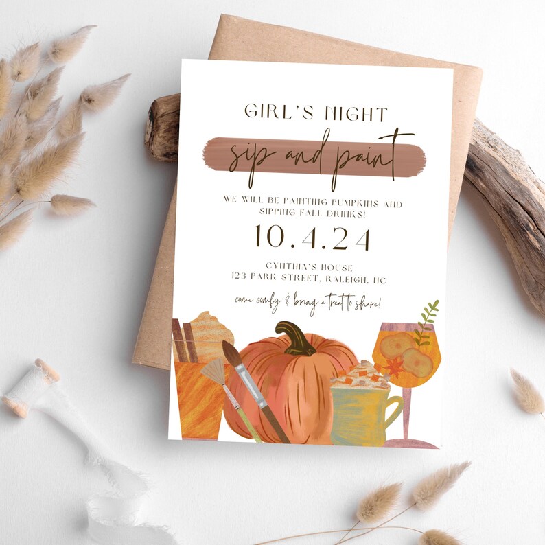 Sip and Paint Girl's Night Invitation Template, Fun Pumpkin Painting ...
