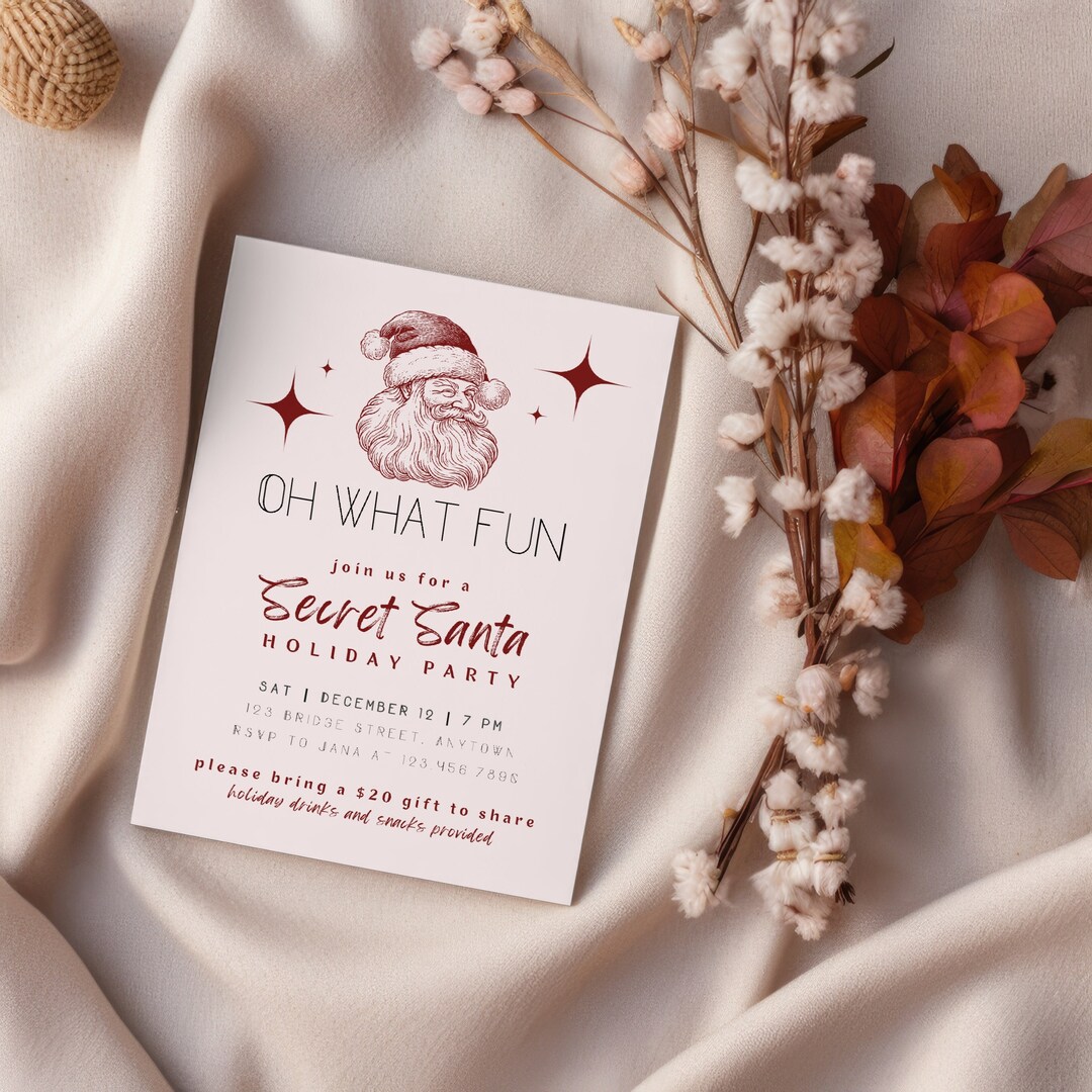 Secret Santa Holiday Party Invitation Template, Oh What Fun Retro ...