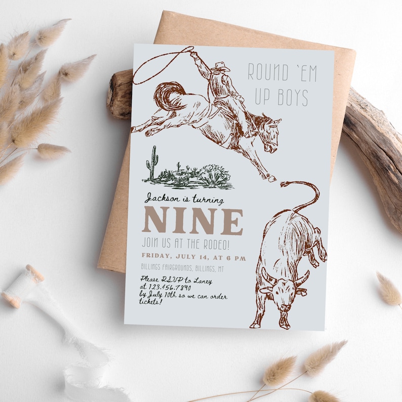 Round 'em up Boys Cowboy Birthday Party Invitation Template, Rodeo ...