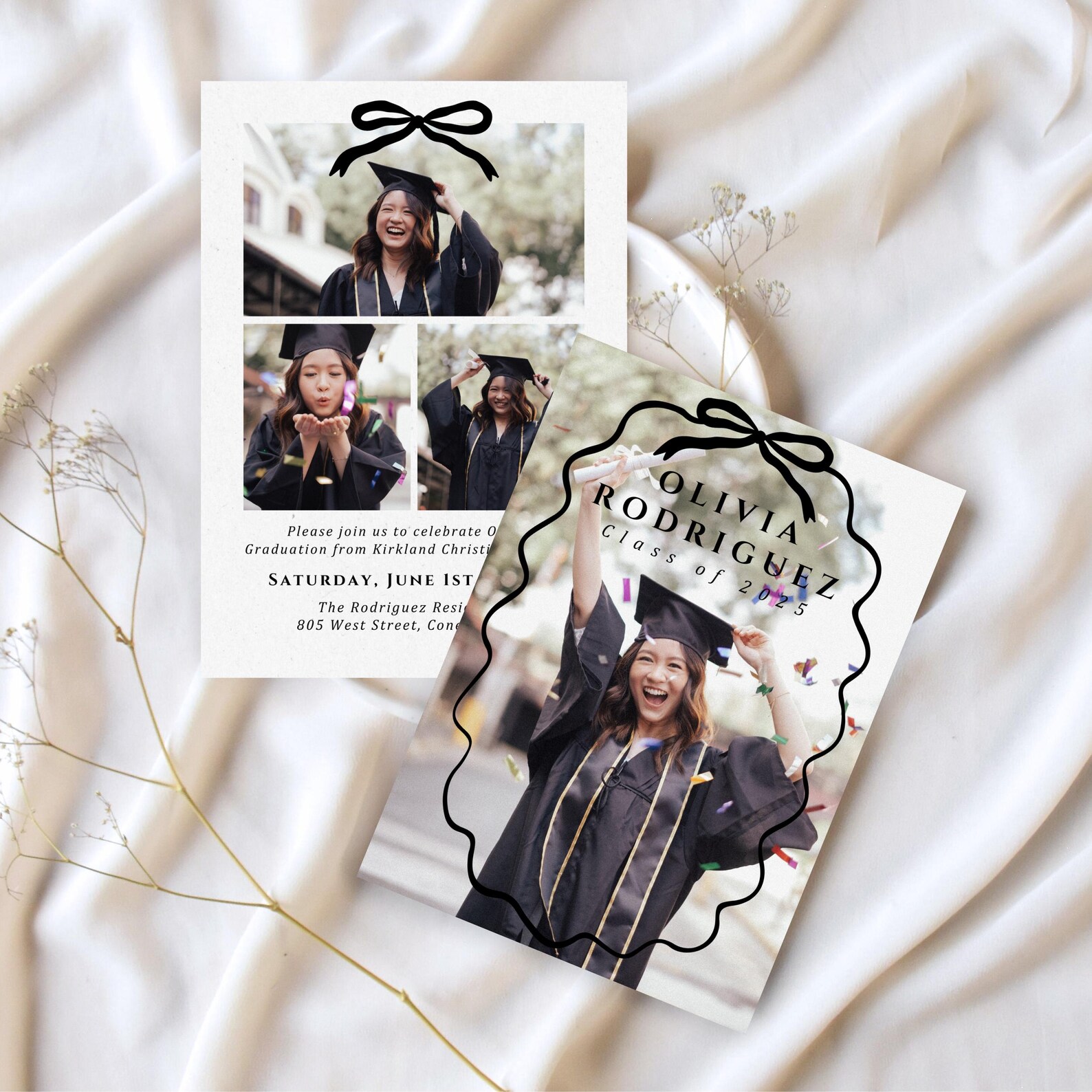 Ribbon Photo Graduation Party Invite Editable Template Neutral Black ...