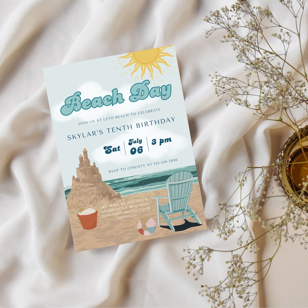 Beach Day Sandcastle Contest Birthday Party Invitation Template ...