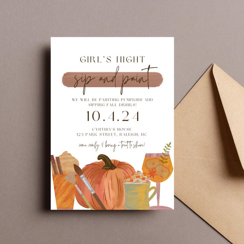 Sip and Paint Girl's Night Invitation Template, Fun Pumpkin Painting ...