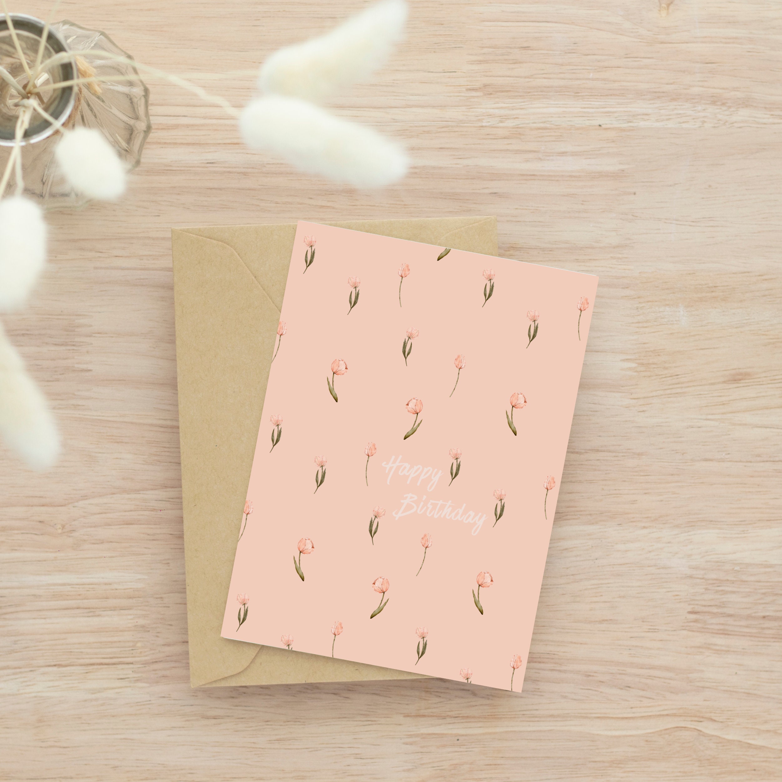Pink Tulip Happy Birthday Printable Greeting Card, Sweet Girly Flower ...