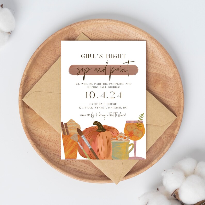 Sip and Paint Girl's Night Invitation Template, Fun Pumpkin Painting ...