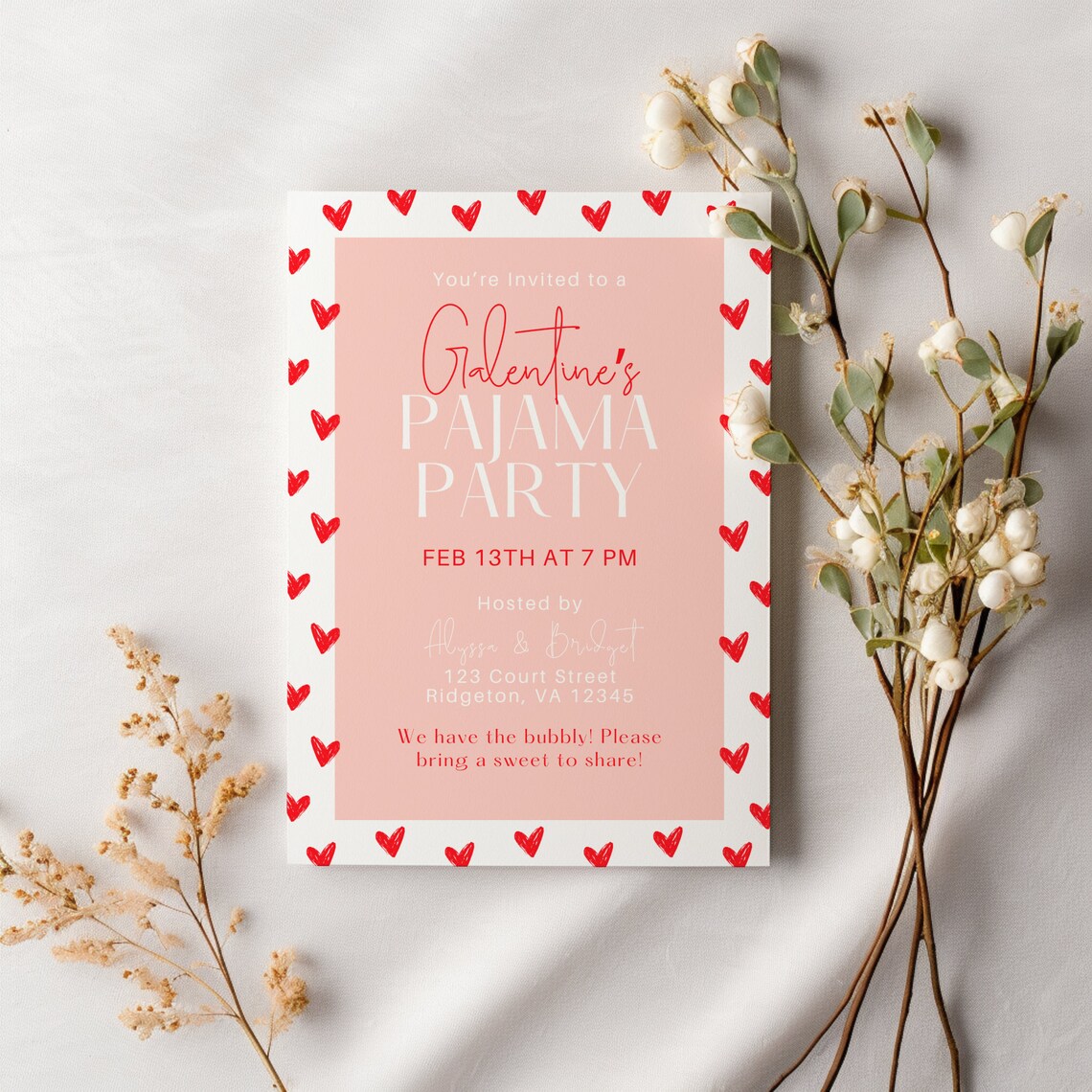 Galentine's Day Pajama Party Invitation Template, Pink and Red Hearts ...