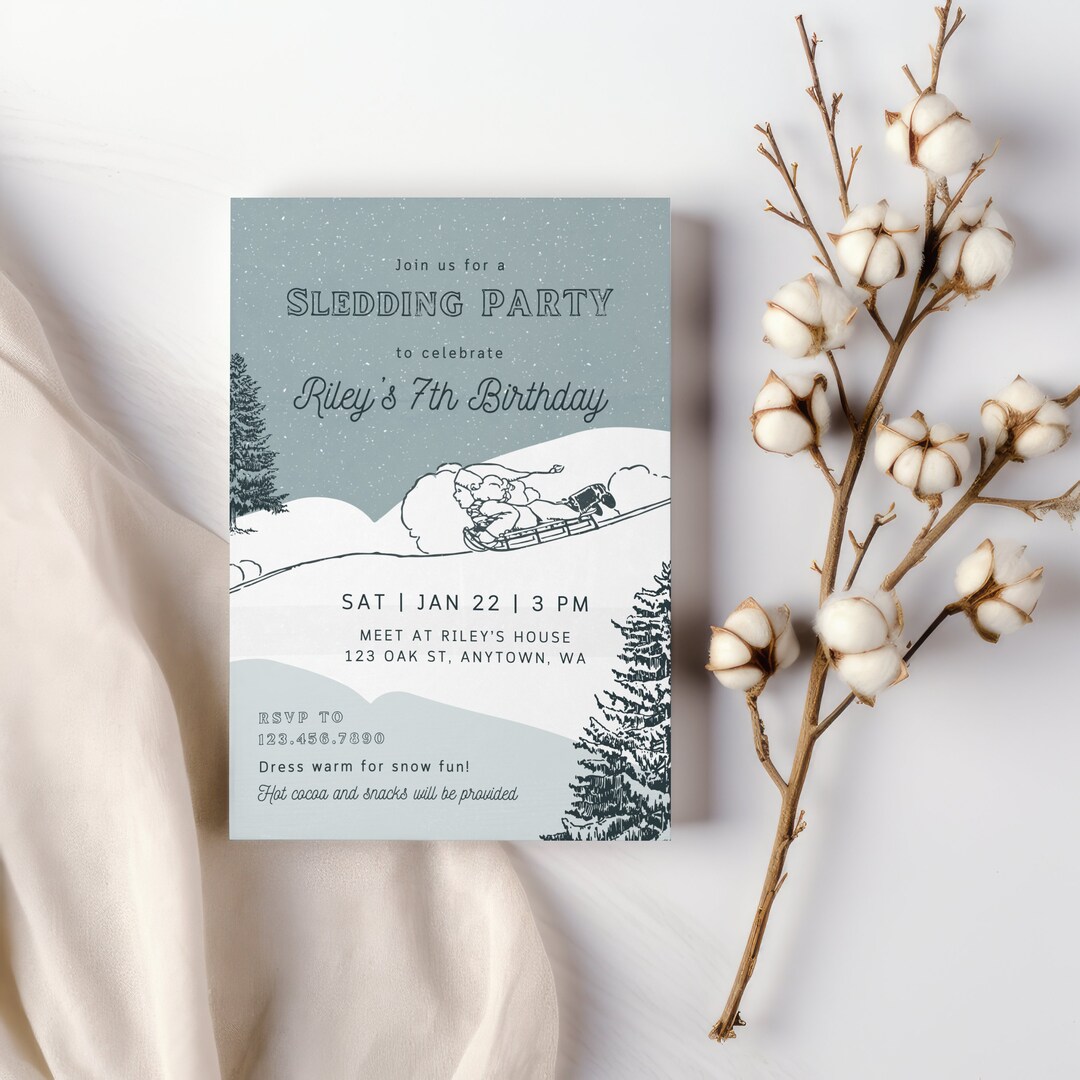 Sledding Birthday Party Invitation Template, Winter Snow Birthday ...
