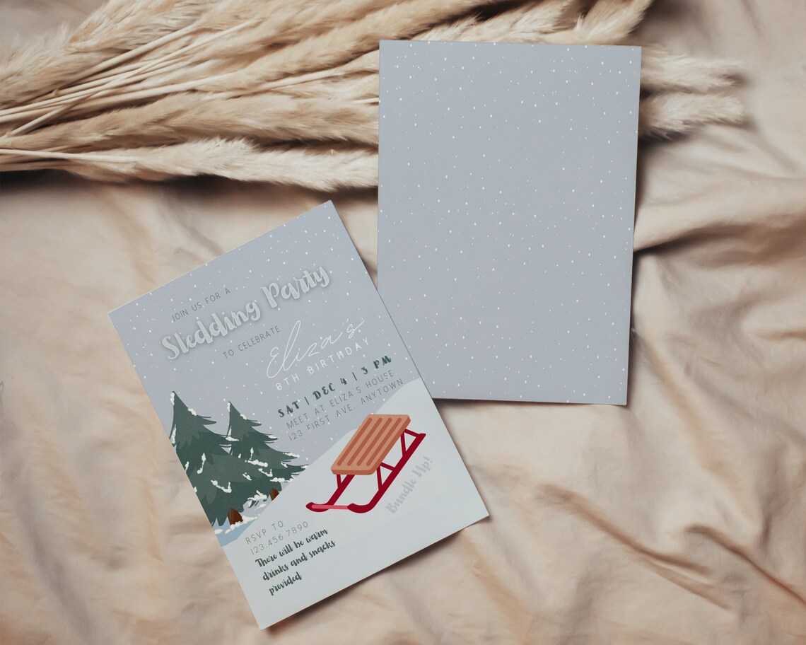 Sledding Birthday Party Invitation Template, Winter Snow Kids Birthday ...