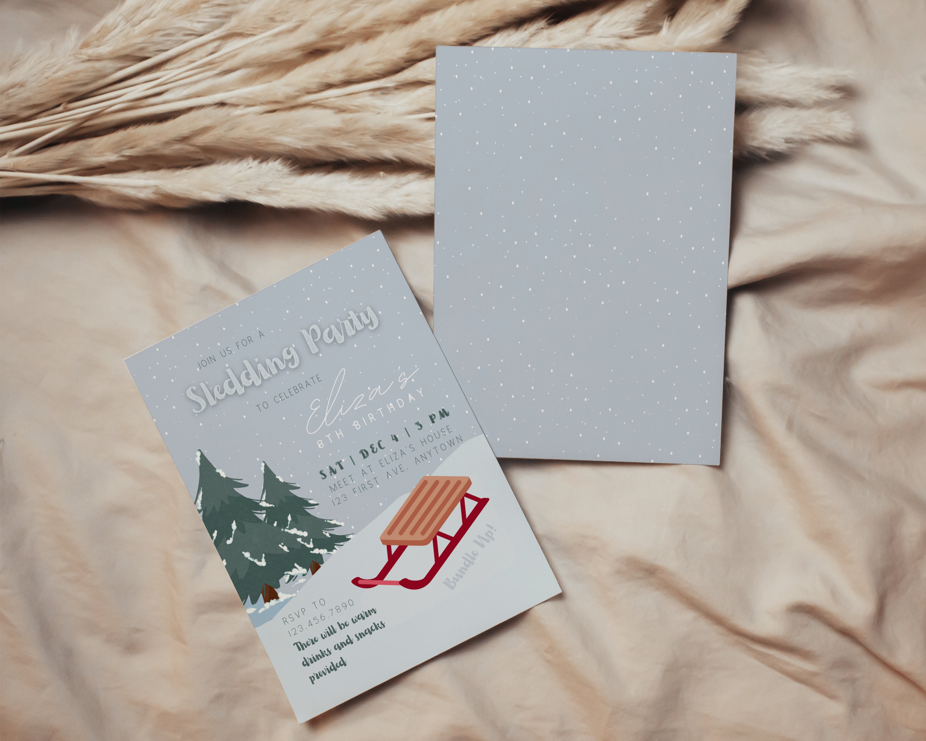 Sledding Birthday Party Invitation Template, Winter Snow Kids Birthday ...