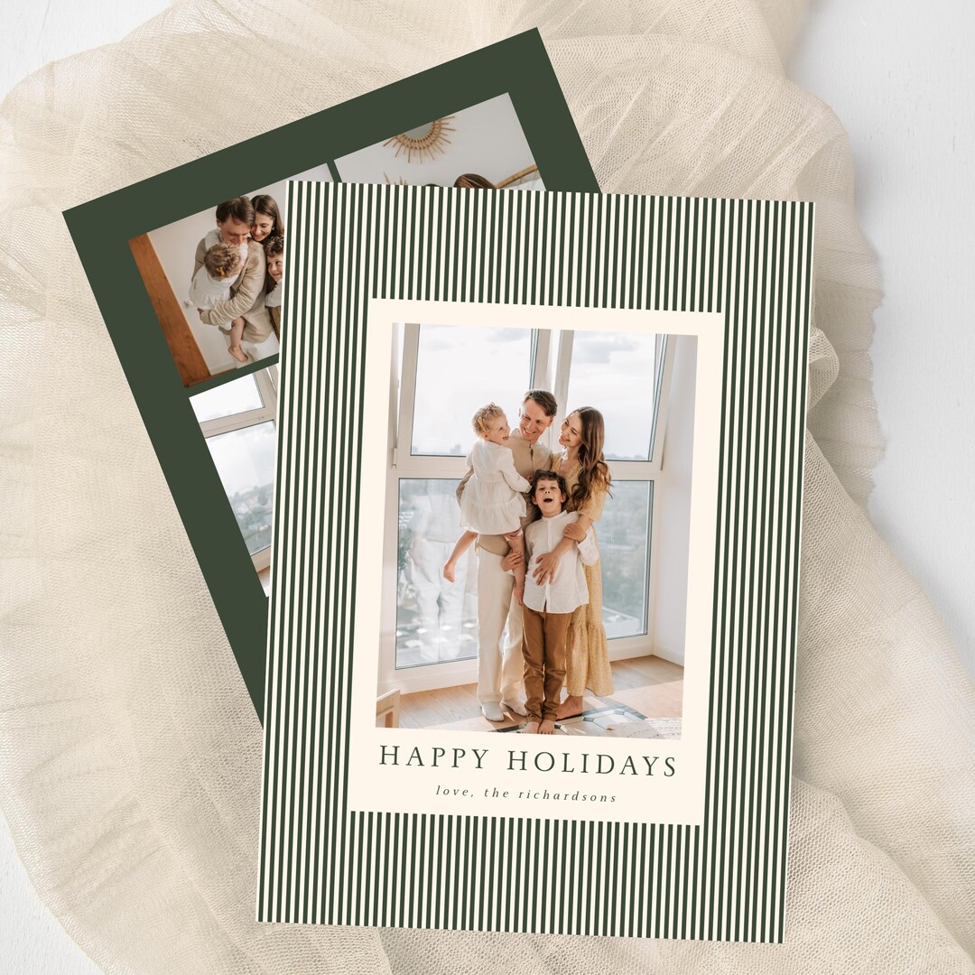 Green Striped Happy Holidays Photo Card Editable Template, Cozy ...