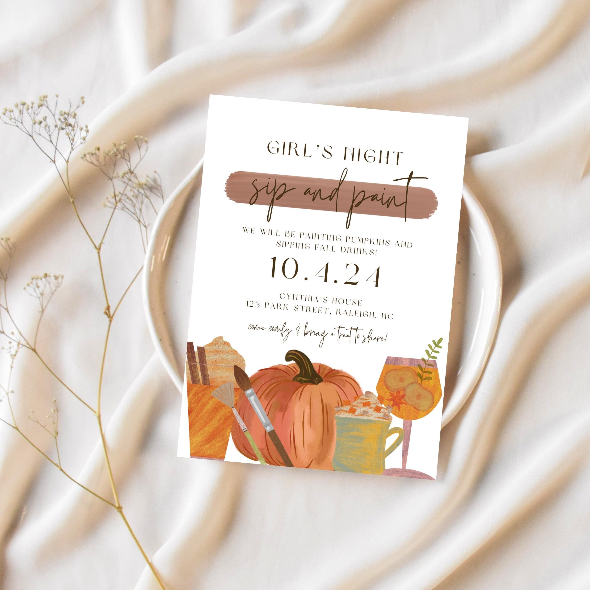 Sip and Paint Girl's Night Invitation Template, Fun Pumpkin Painting ...