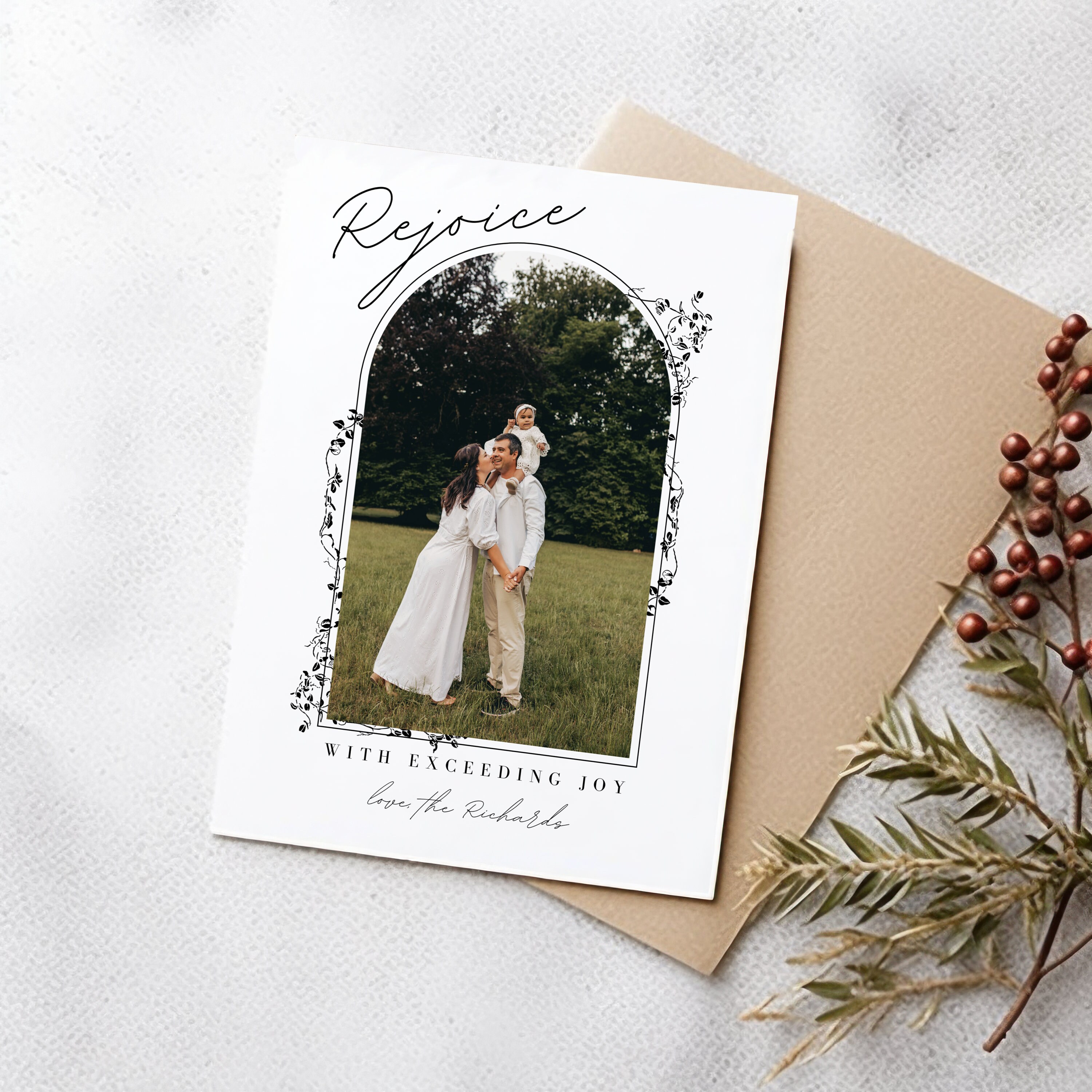 Rejoice Christmas Card Editable Template, Exceeding Joy Artsy Arch ...