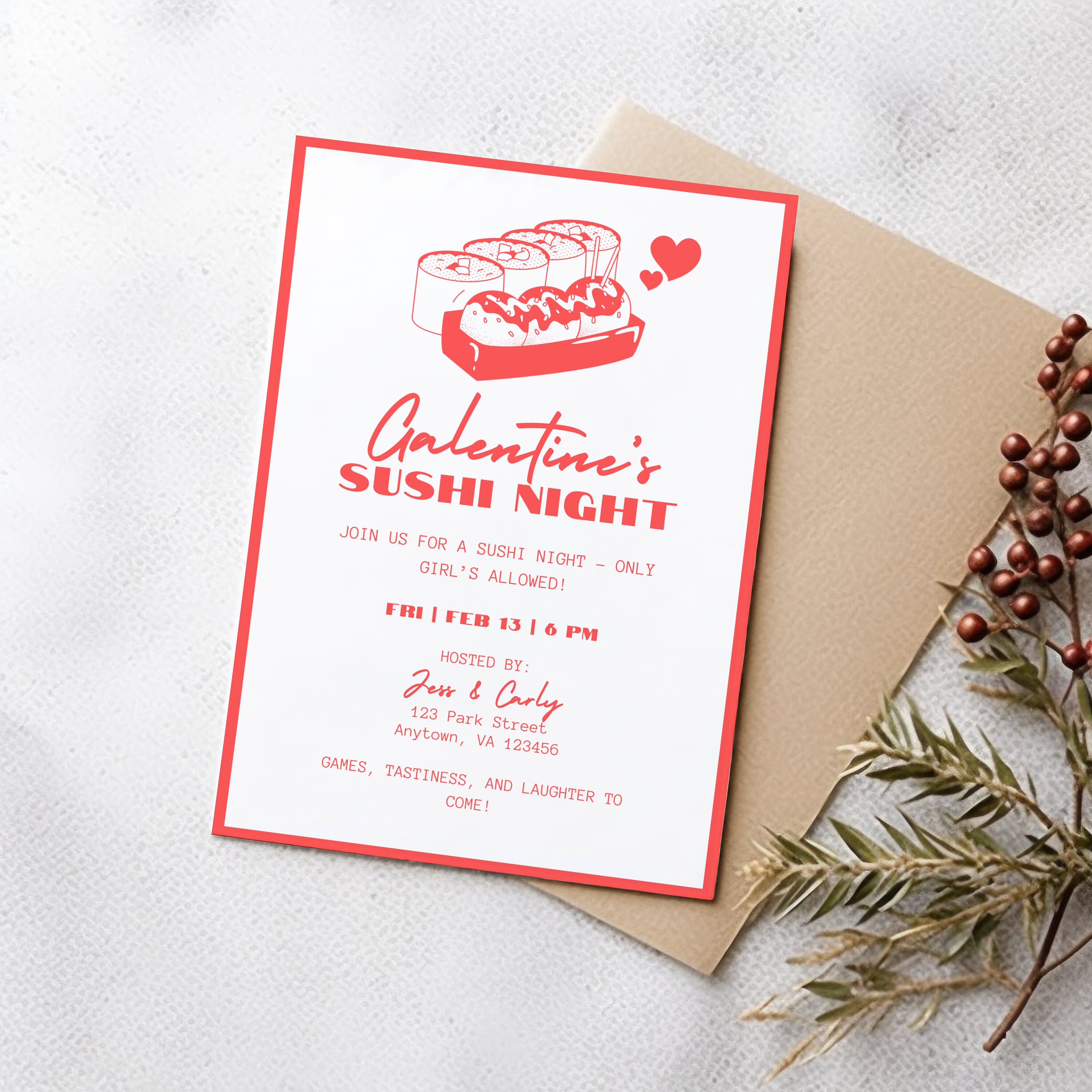 Galentine's Day Sushi Night Invitation Template, Pink and Red Hearts ...