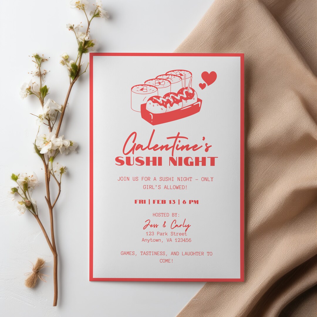 Galentine's Day Sushi Night Invitation Template, Pink and Red Hearts ...