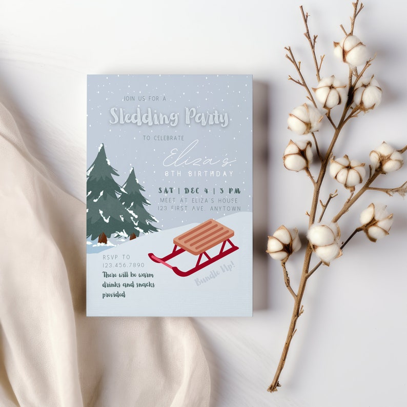 Sledding Birthday Party Invitation Template, Winter Snow Kids Birthday ...