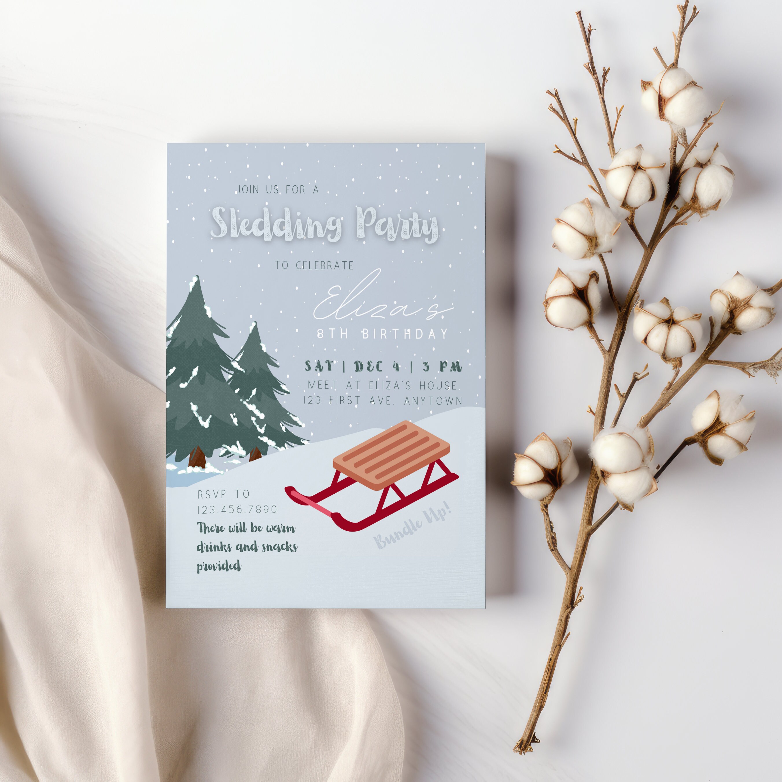 Sledding Birthday Party Invitation Template, Winter Snow Kids Birthday ...