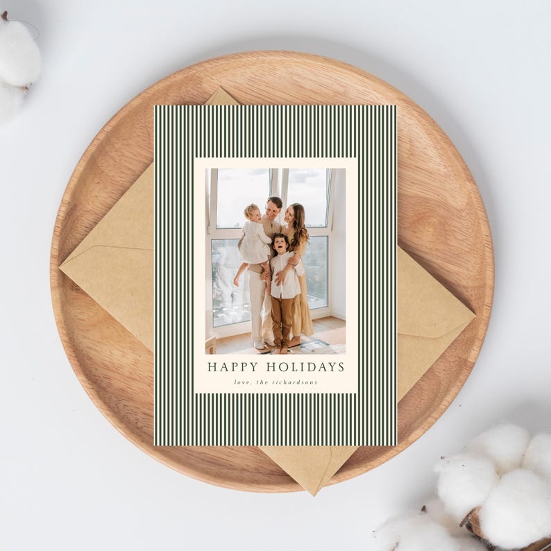 Green Striped Happy Holidays Photo Card Editable Template, Cozy ...
